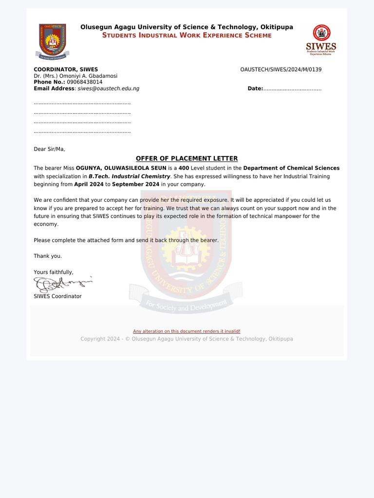 ICH-19-060 - 2023-2024 - 400 SIWES Offer of Placement of Industrial ...