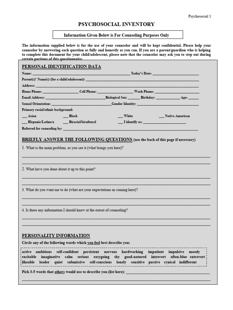 Biopsychosocial History Form | PDF | Substance Abuse | Marriage
