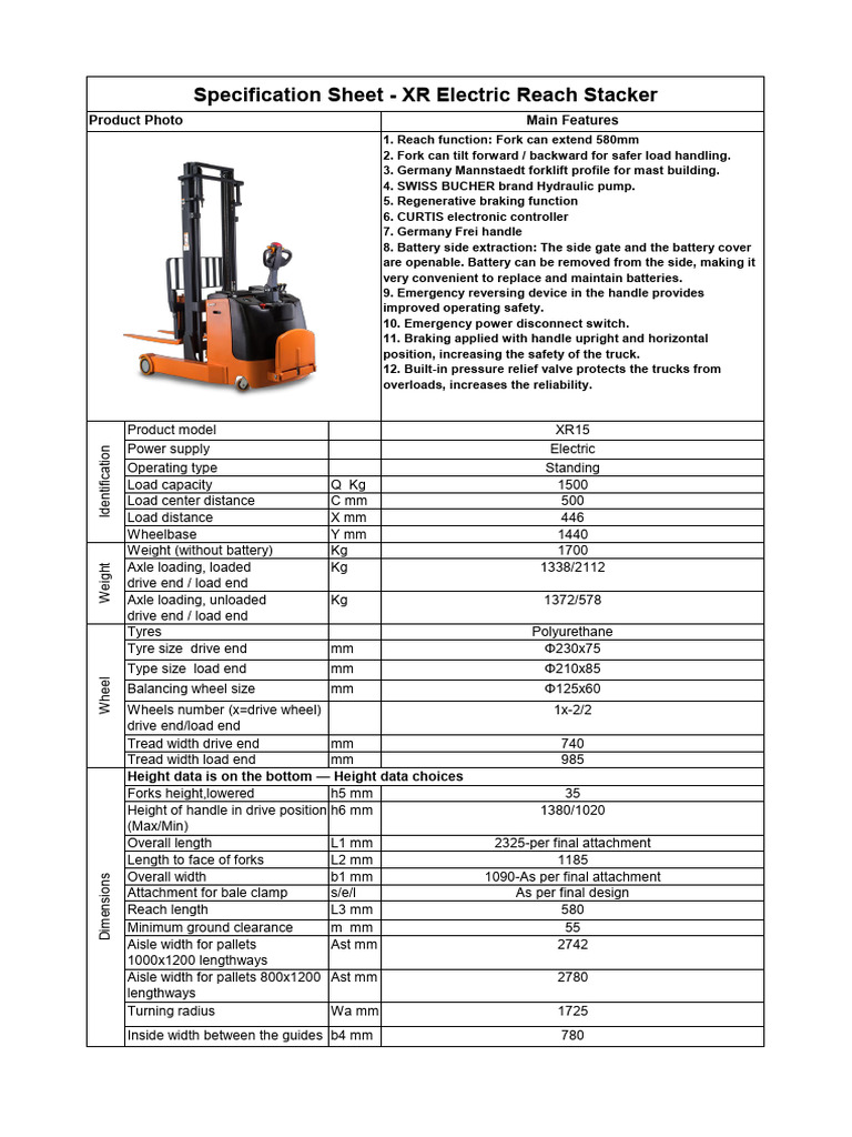 Technical Sheet - XR15 Electric Reach Stacker | PDF | Forklift | Tire