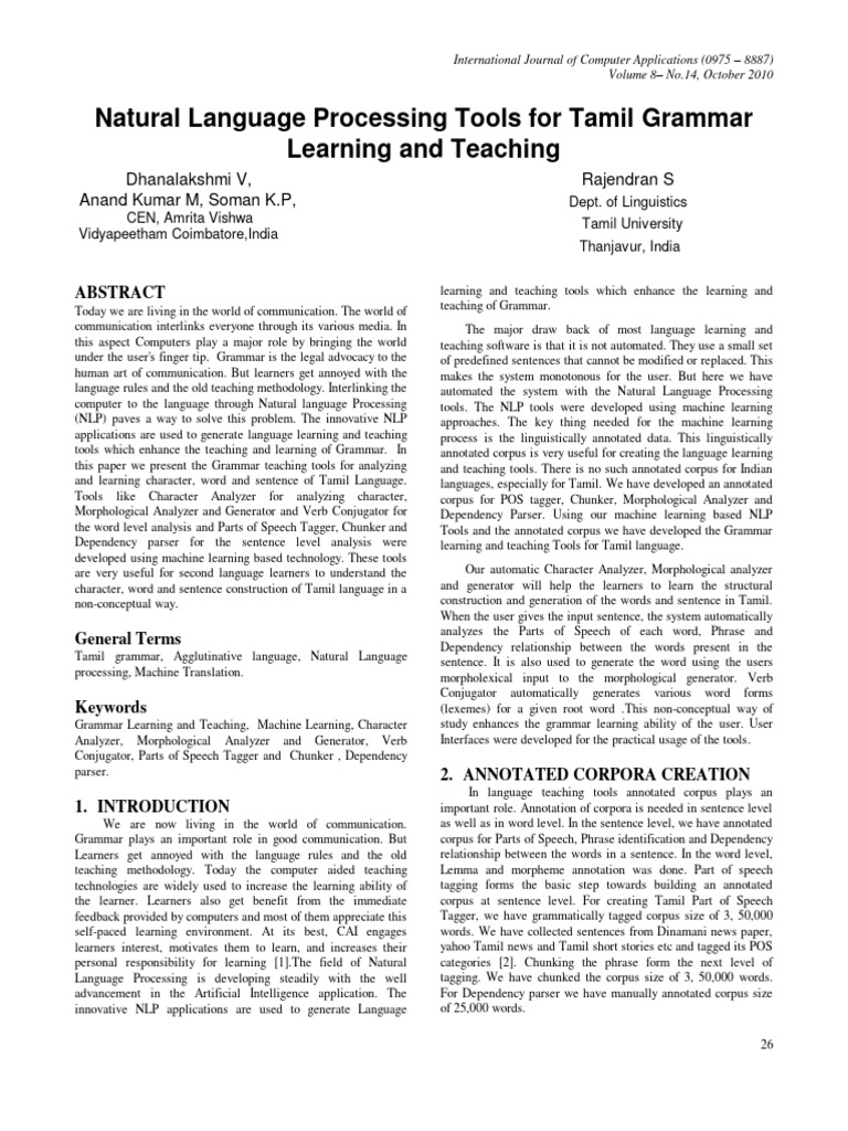 Natural Language Processing Tools For Tamil Grammar | PDF | Morphology (Linguistics) | Parsing