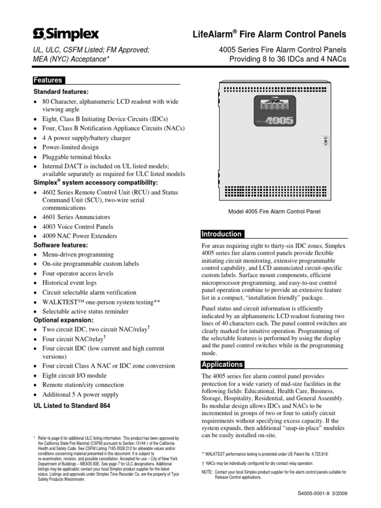 4005 Series Fire Alarm Control Panels | PDF | Relay | Power Supply