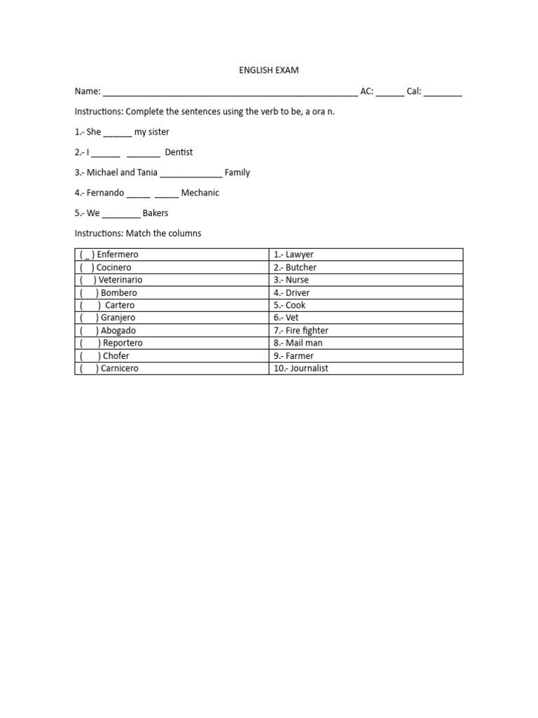 English Exam: Verb "To Be" Practice | PDF | Science & Mathematics | History