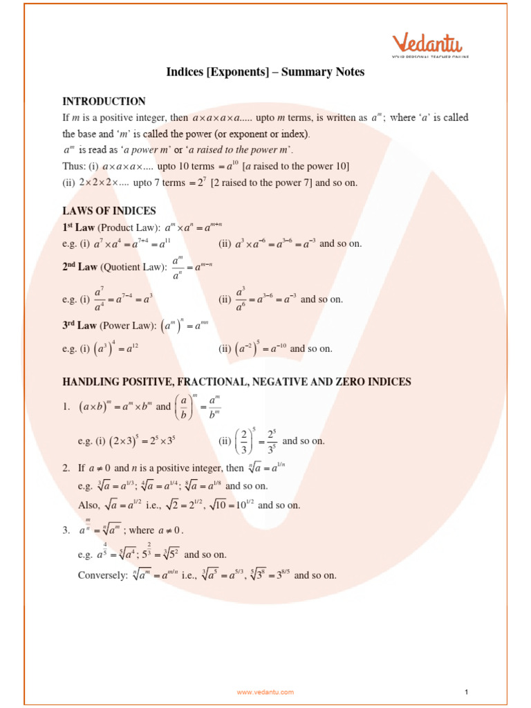 ICSE Class 9 Mathematics Chapter 7 - Indices (Exponents) Revision Notes ... ICSE Class 9 Mathematics Chapter 7 - Indices (Exponents) Revision Notes ...