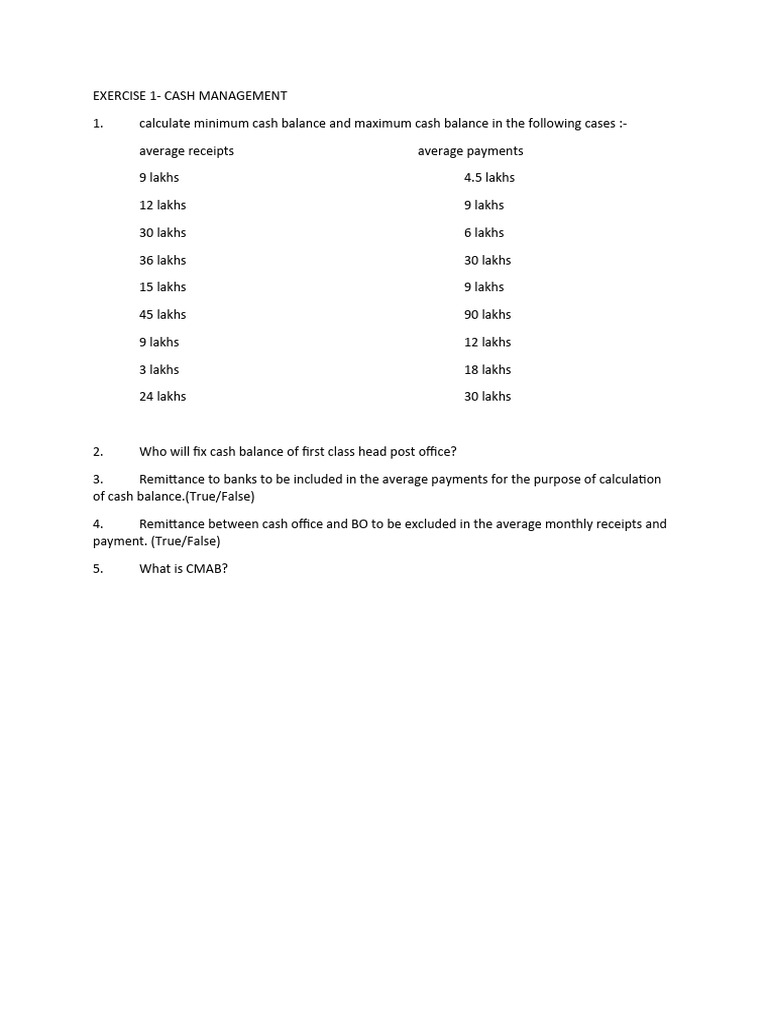 Cash Management Exercise: Balances & Calculations | PDF