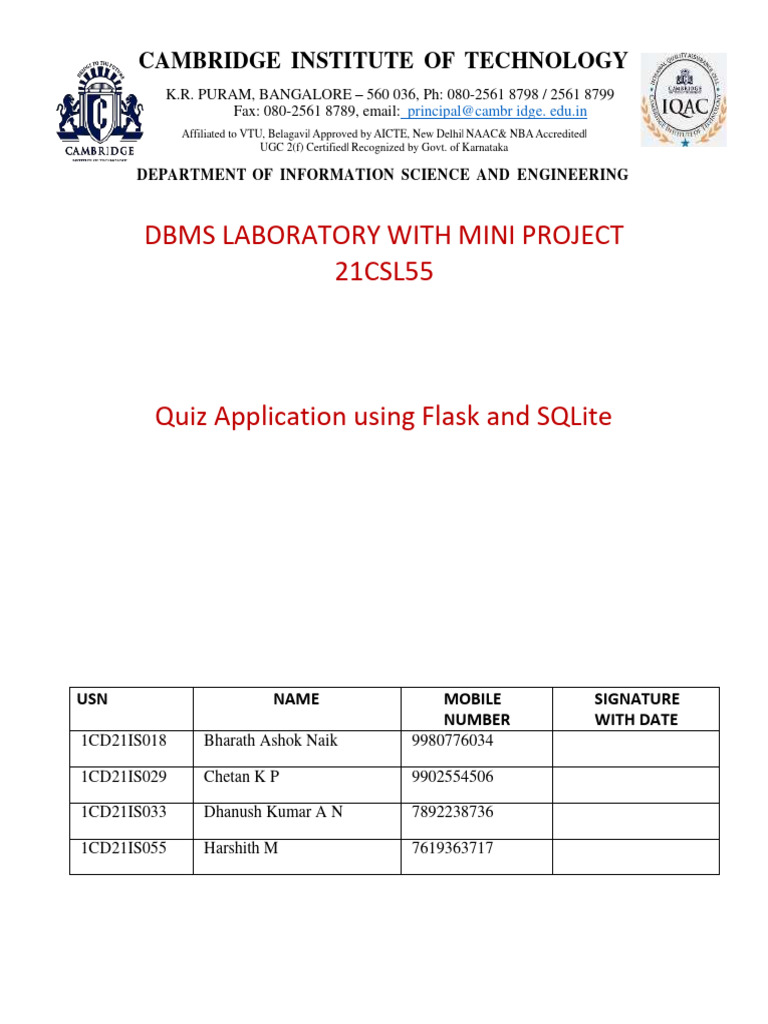 DBMS Laboratory With Mini Project Abstract Format 1 | PDF | Databases | Application Software