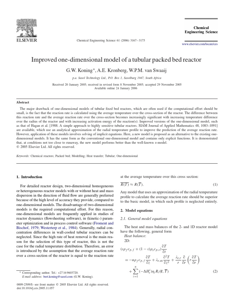 Improved One-Dimensional Model of A Tubular Packed Bed Reactor | PDF ...