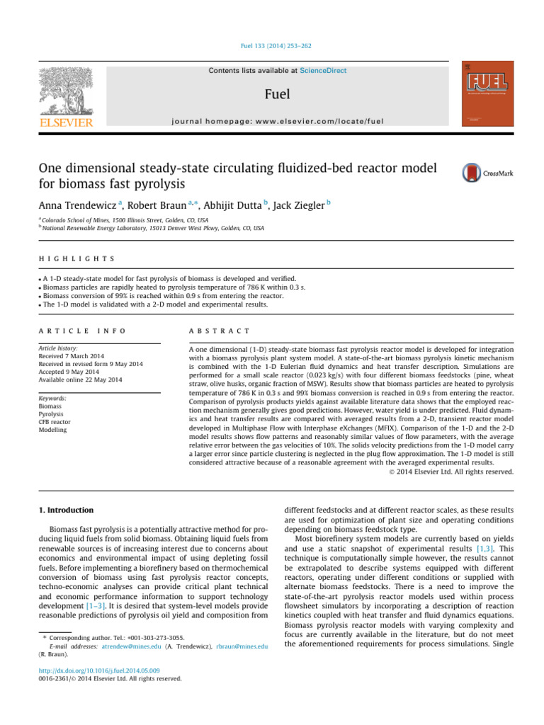 One Dimensional Steady-State Circulating Fluidized-Bed Reactor Model For Biomass Fast Pyrolysis ...