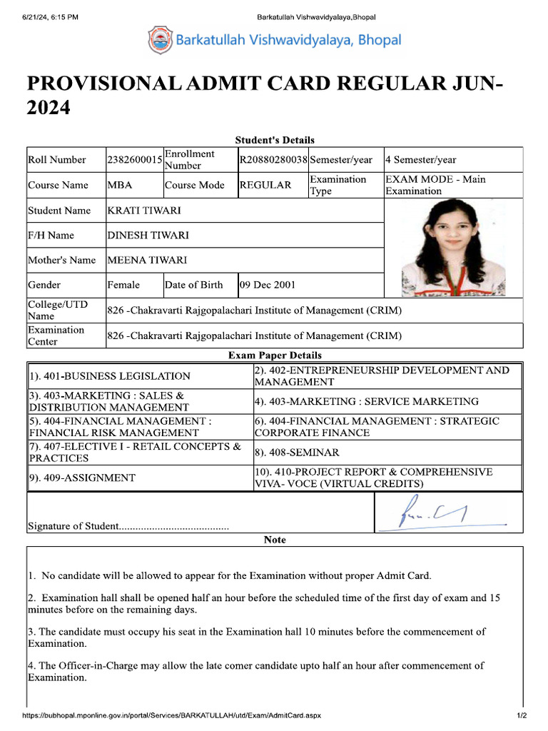 Admit Card Krati Mba | PDF