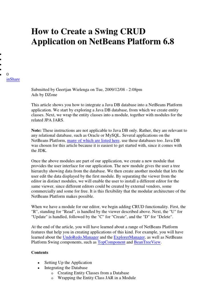 How To Create A Swing Crud Application On Netbeans Platform 6 Pdf