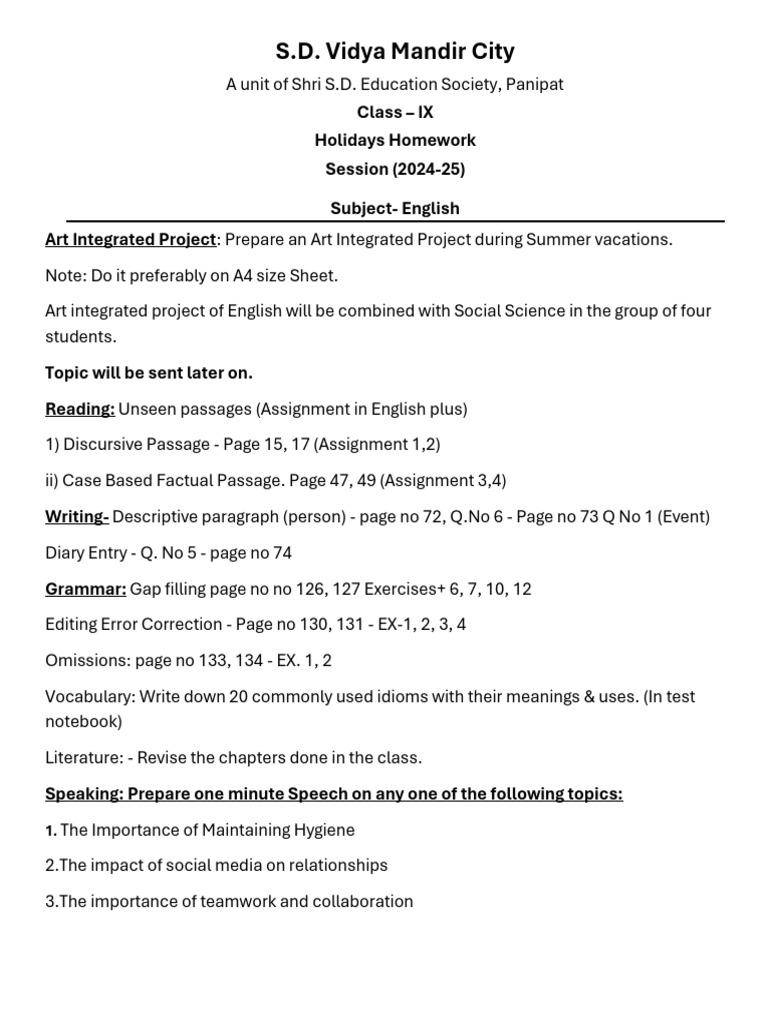 Class IX Holidays Homework Final | PDF | Cell (Biology)