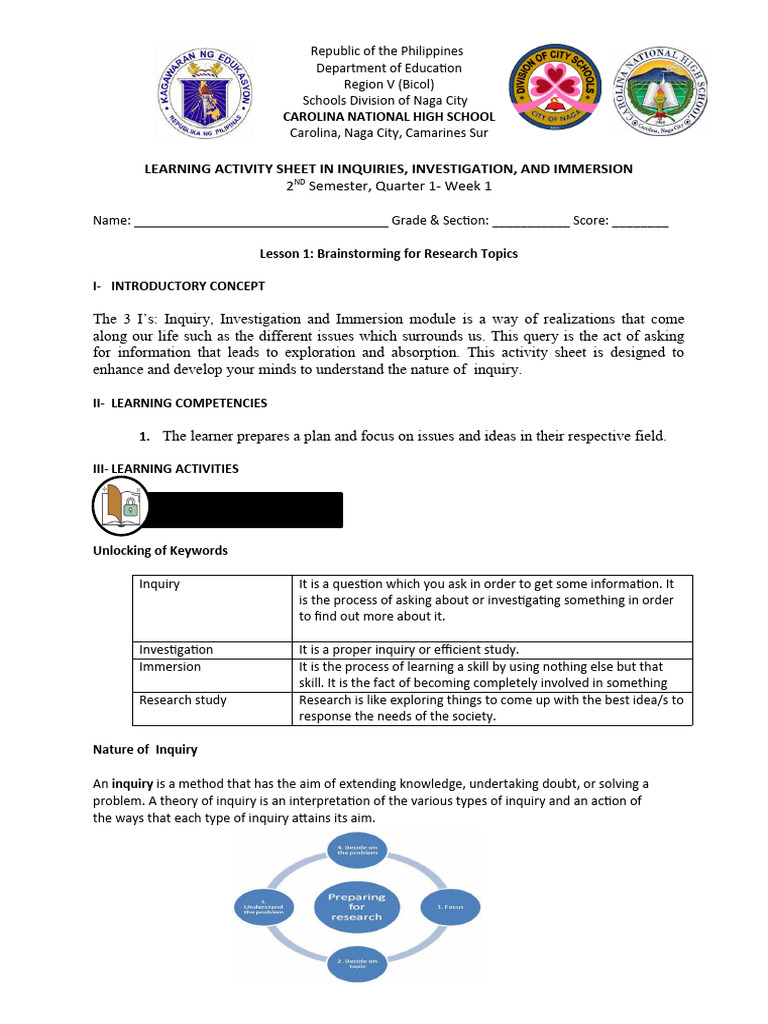 Inquiries, Investigations, and Immersion-LAS1 | PDF | Brainstorming ...