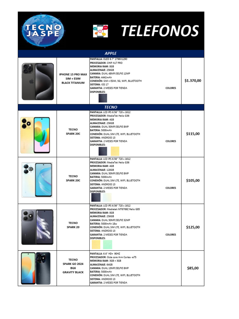 Tecno Jaspe Catalogo Telefonos 14-06-2024 | PDF | Yo telefono | Equipo de usuario de ...