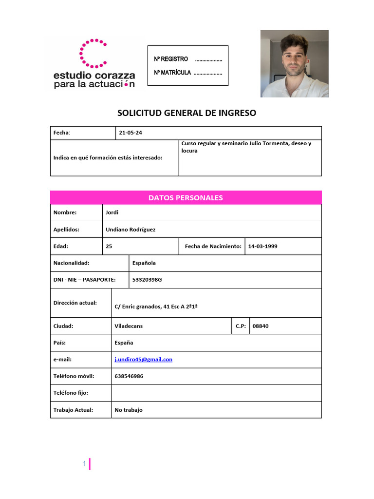 Solicitud General Ingreso Estudio Corazza | PDF