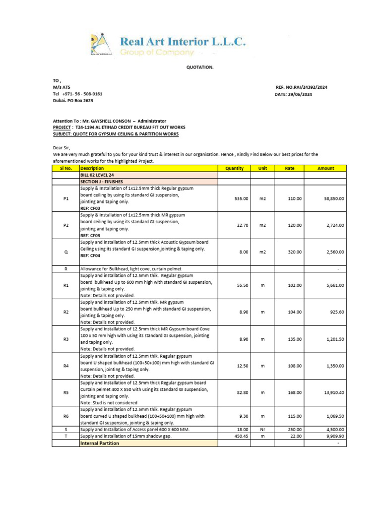 Quotation-T24-1194 Al Etihad Credit Bureau Fit Out Works | PDF | Wall ...