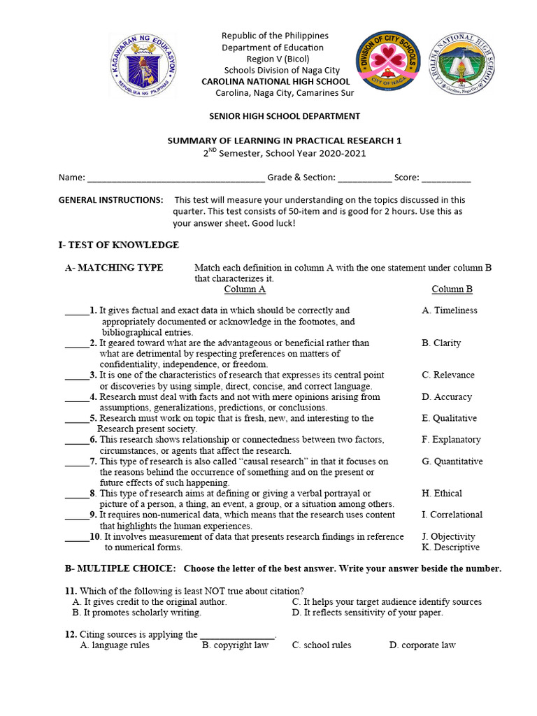 Summary of Learning (PR1) - 1st Quarter | PDF | Citation | Data