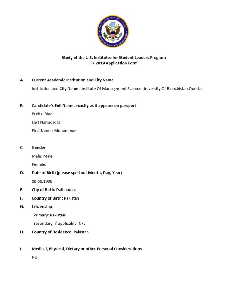 2019 SUSI Application Form | PDF | Leadership | Pakistan