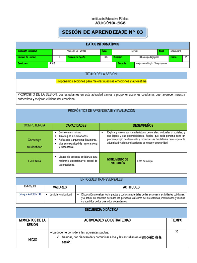 Sesión de Aprendizaje #3 - 3° | PDF | Las emociones | Autoestima