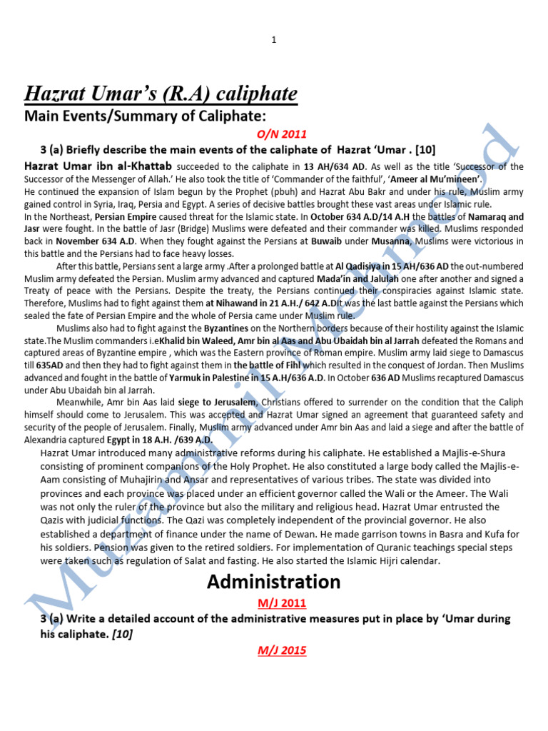 Hazrat Umar's Caliphate: Key Events and Reforms | PDF | Umar | Caliphate