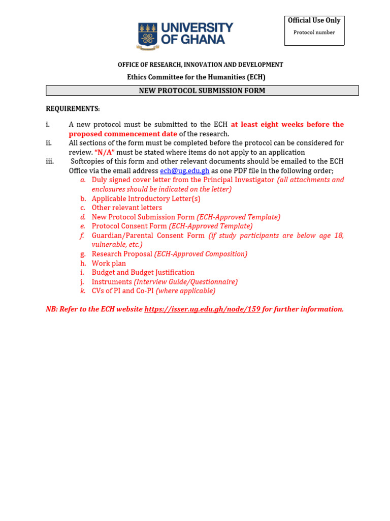 ECH New Protocol Submission Form - Revised October 2023 | PDF | Psychology