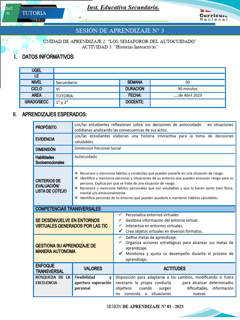 1º y 2° Tutoria Ses 3 Uni 2 Sem 03 | PDF | Aprendizaje | Evaluación