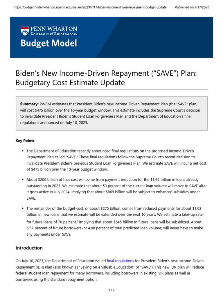 Biden's New Income-Driven Repayment ("SAVE") Plan: Budgetary Cost ...