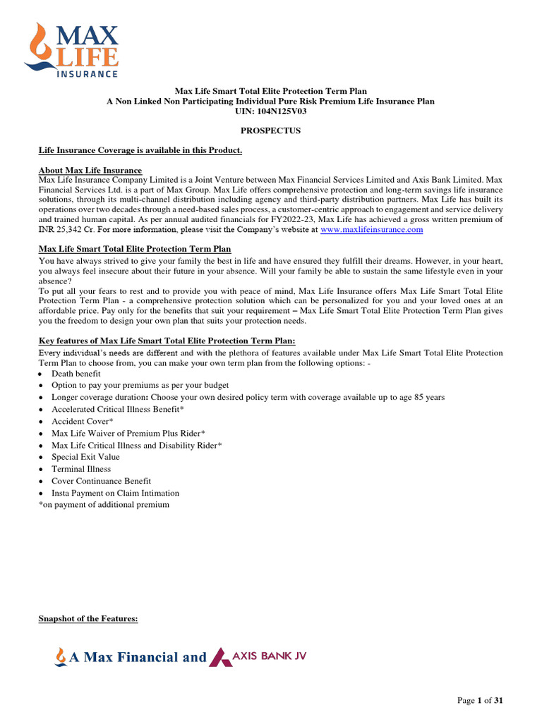 Max Life Smart Total Elite Protection Plan | PDF | Insurance ...