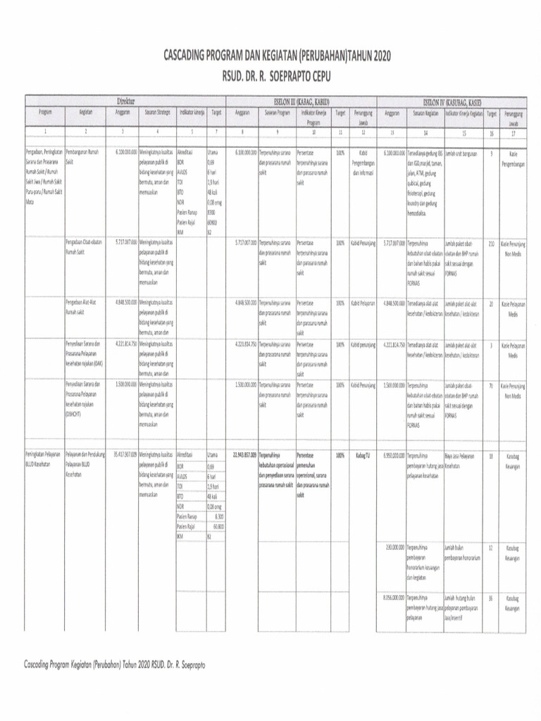Cascading Rsud DR R Soeprapto Cepu Perubahan 2020 | PDF