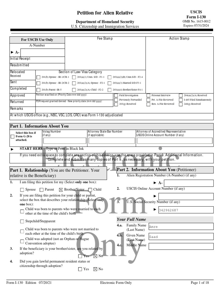 Electronic Form Only: Petition For Alien Relative | PDF