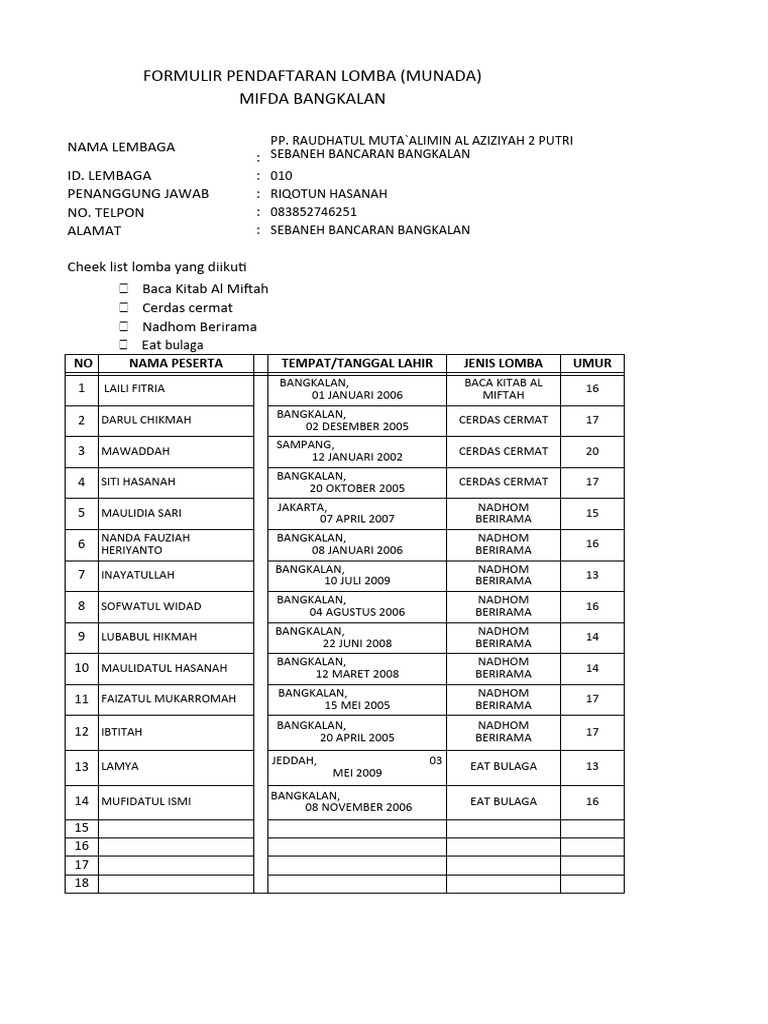 Formulir Pendaftaran Lomba | PDF