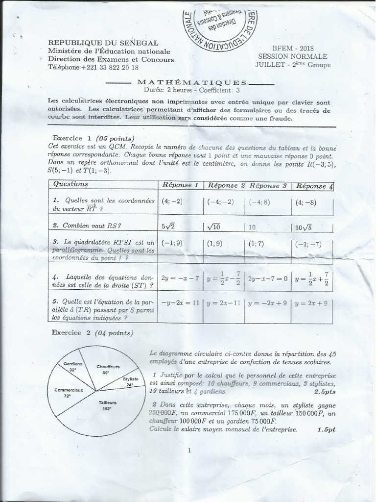 Bfem 2018 Mathematiques 2eme Groupe, Senegal | PDF