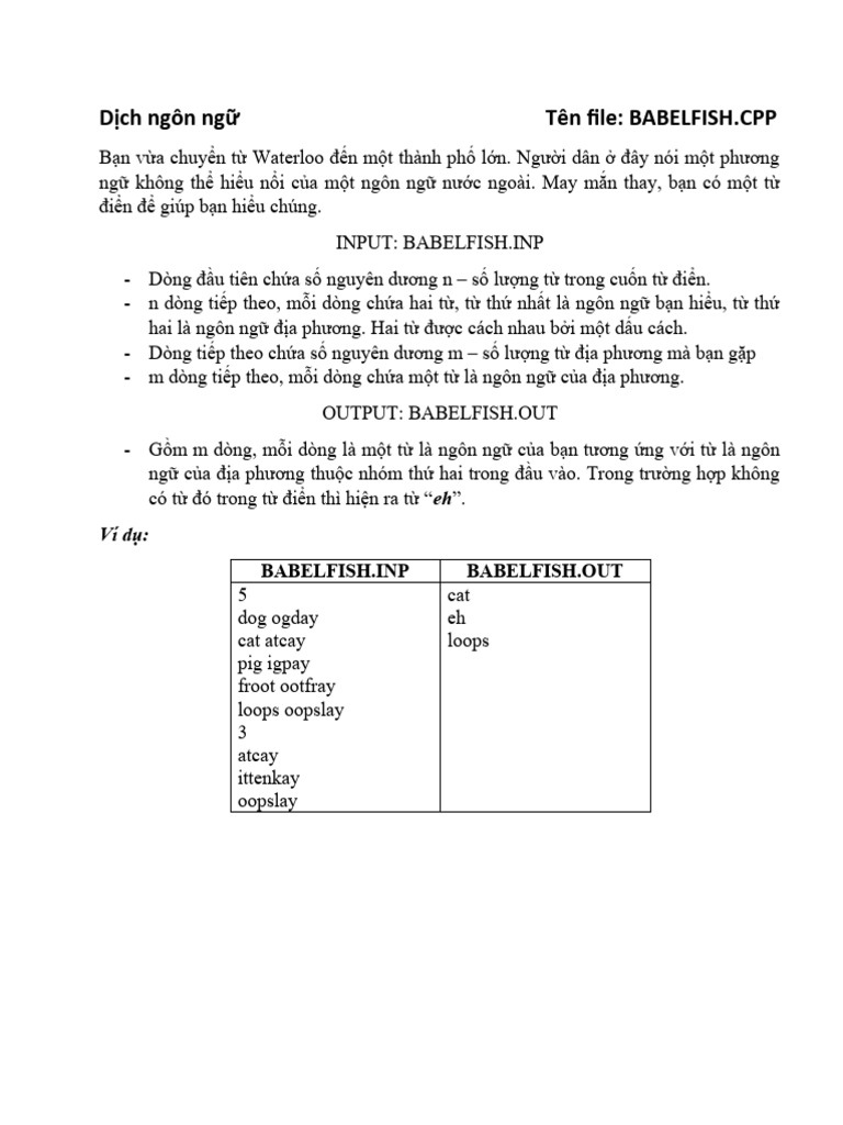 Dịch ngôn ngữ Tên file: BABELFISH.CPP: Babelfish.Inp Babelfish.Out | PDF