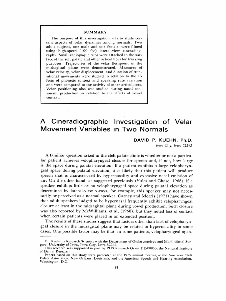 A Cineradiographic Investigation of Velar Movement Variables in Two ...