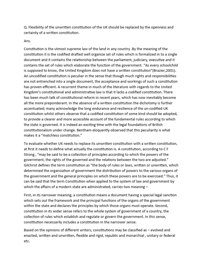 UK Constitution: Unwritten vs. Written Debate | PDF | Constitution ...