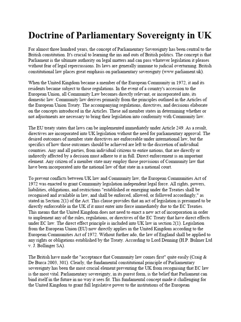 Doctrine of Parliamentary Sovereignty in UK | PDF | European Union Law ...