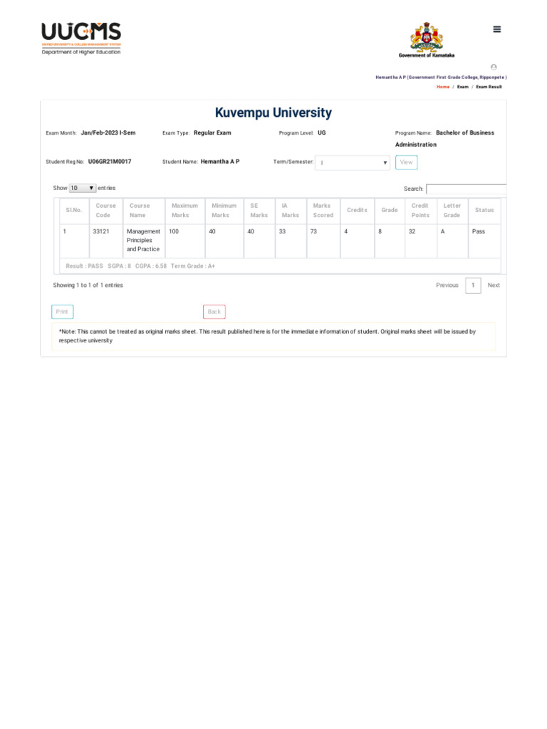 1st Sem Review Marks Card | PDF