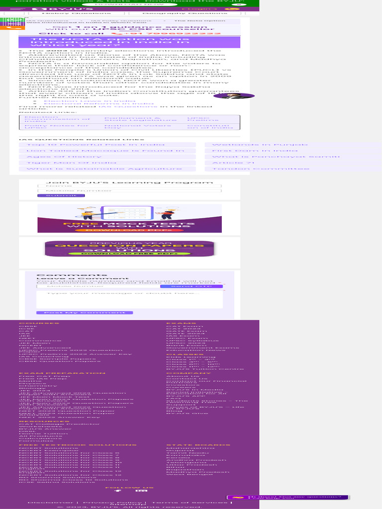 The NOTA Option Was Introduced in India in Which | PDF | Government Of ...