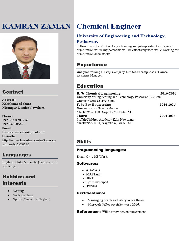 Kamran Zaman: Chemical Engineer CV | PDF