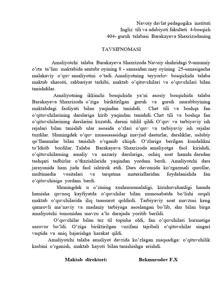 Tavsifnoma For Vazira | PDF