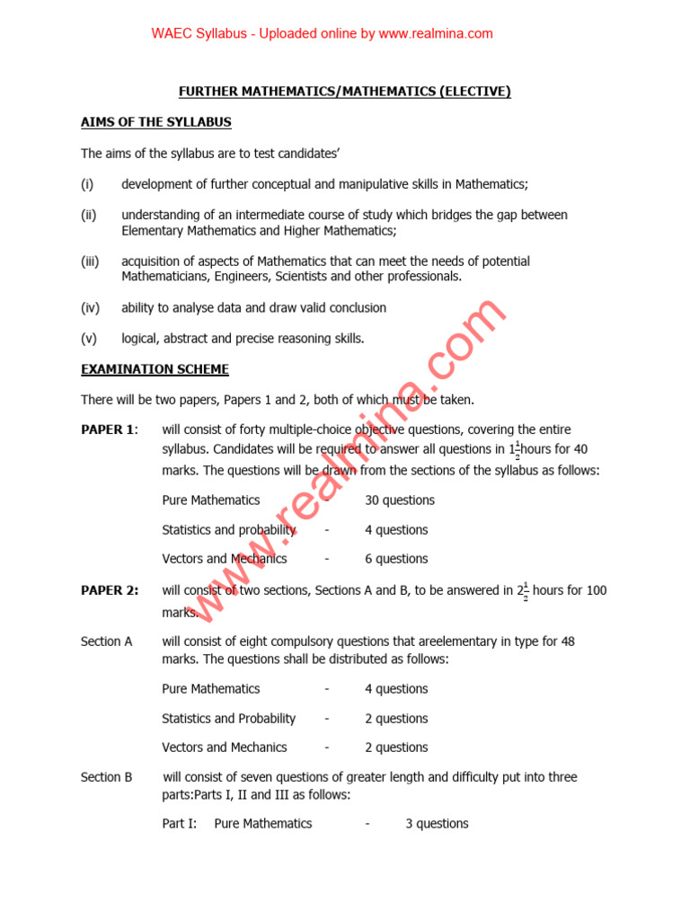 Further Mathematics or Mathematics Elective | PDF | Function ...