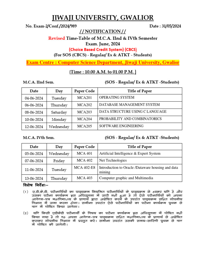 Revised Time Table of M.C.a. IInd IVth Semester For SOS Regular Ex ATKT ...