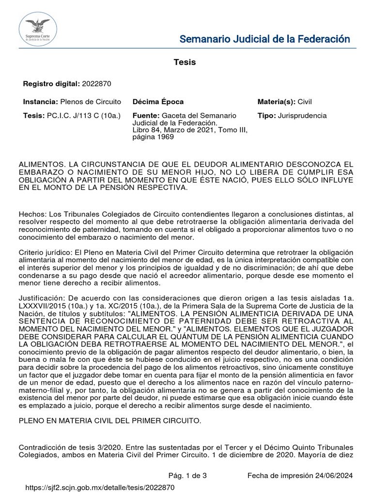 Tesis 2022870 | PDF | Pensión alimenticia | Caso de ley