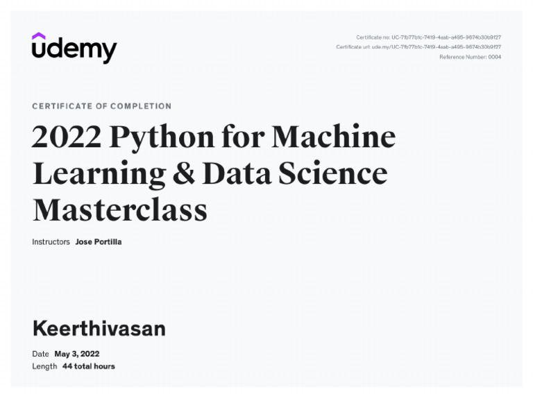 ML and DS With Python Masterclass - Completion Certificate | PDF