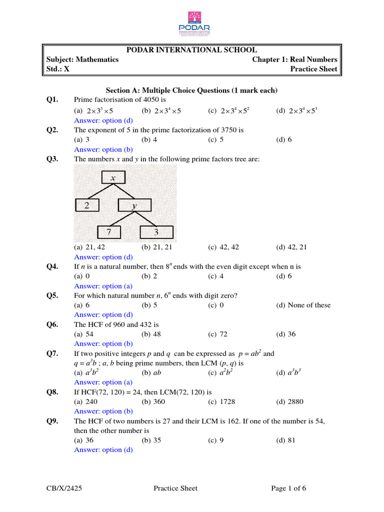 PS - CB - X - Math - Real Numbers | PDF | Factorization | Numbers