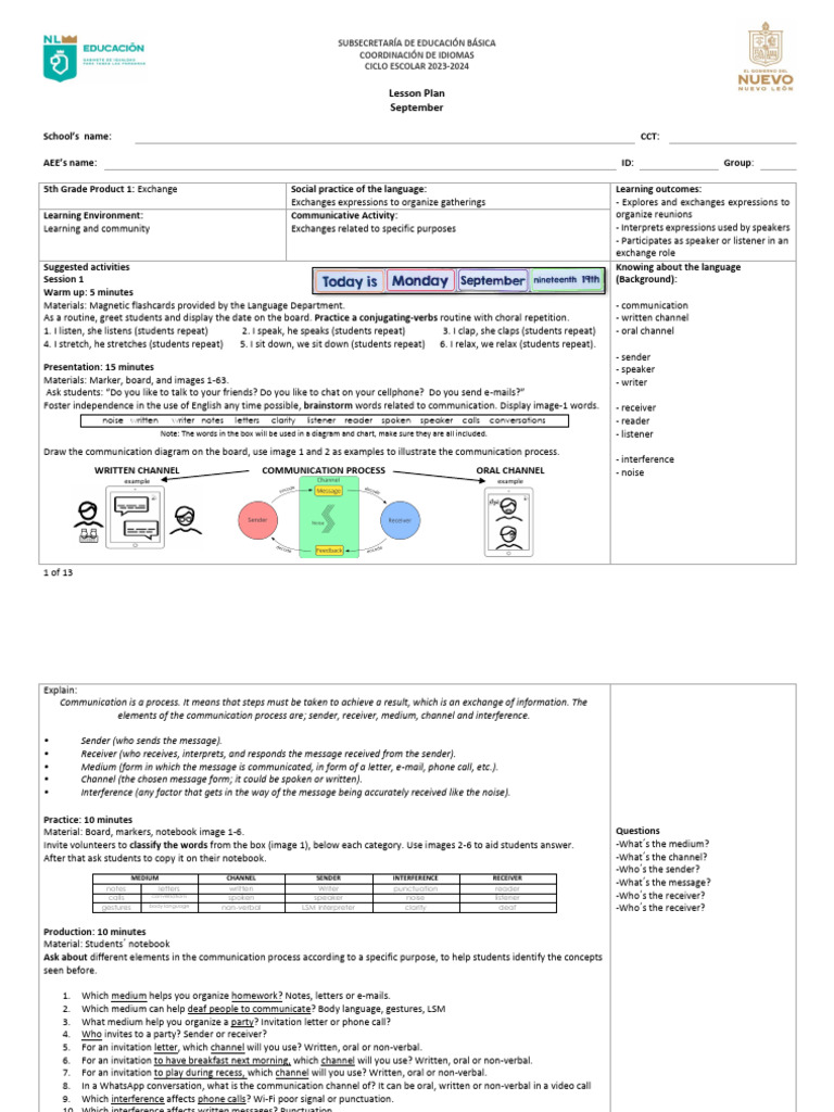 5th Grade Lesson Plan Product 1 - September | PDF | Nonverbal ...
