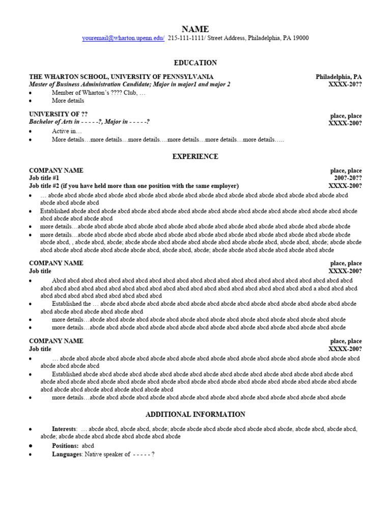 Wharton Resume' Template | PDF