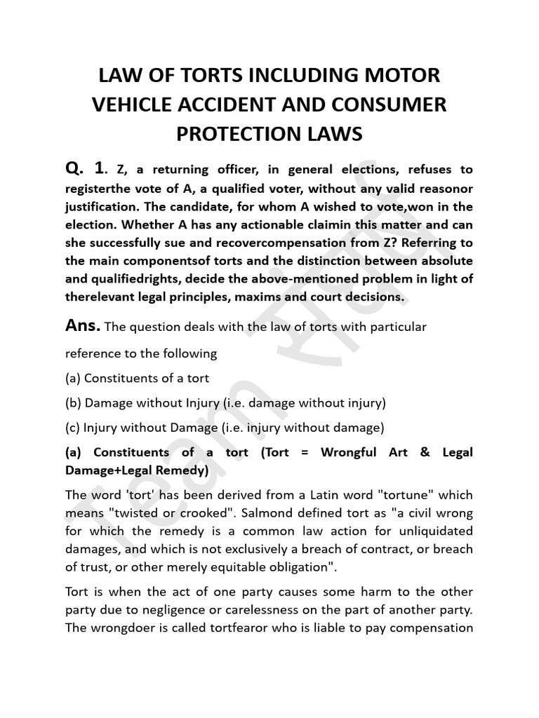Law of Torts Including Motor Vehicle Accident and Consumer Protection ...