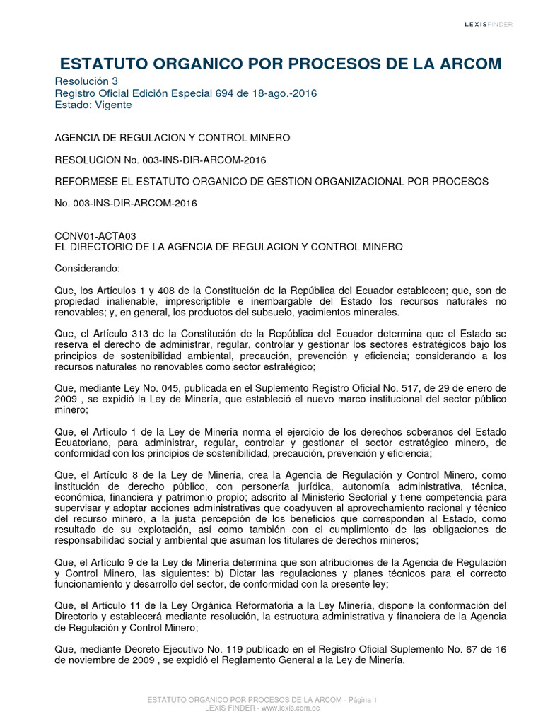 ESTATUTO ORGANICO POR PROCESOS ARCOM (Reformado) | PDF | Minería | Regulación