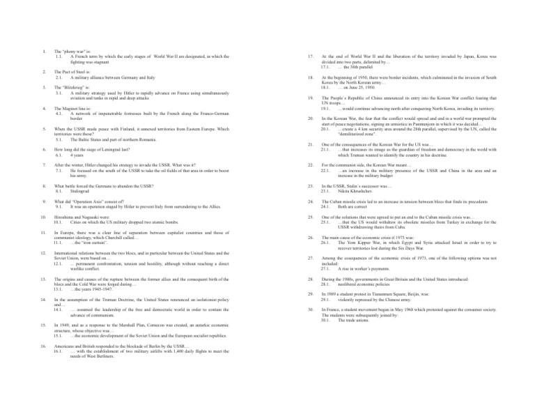 4º ESO Questions About II WW and Cold War (Underlined Answers ...