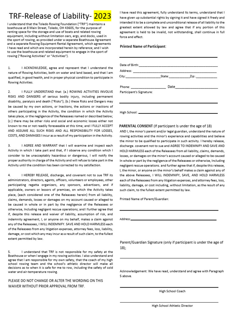 TRF Release of Liability 2023 2 2 23 | PDF | Indemnity | Private Law