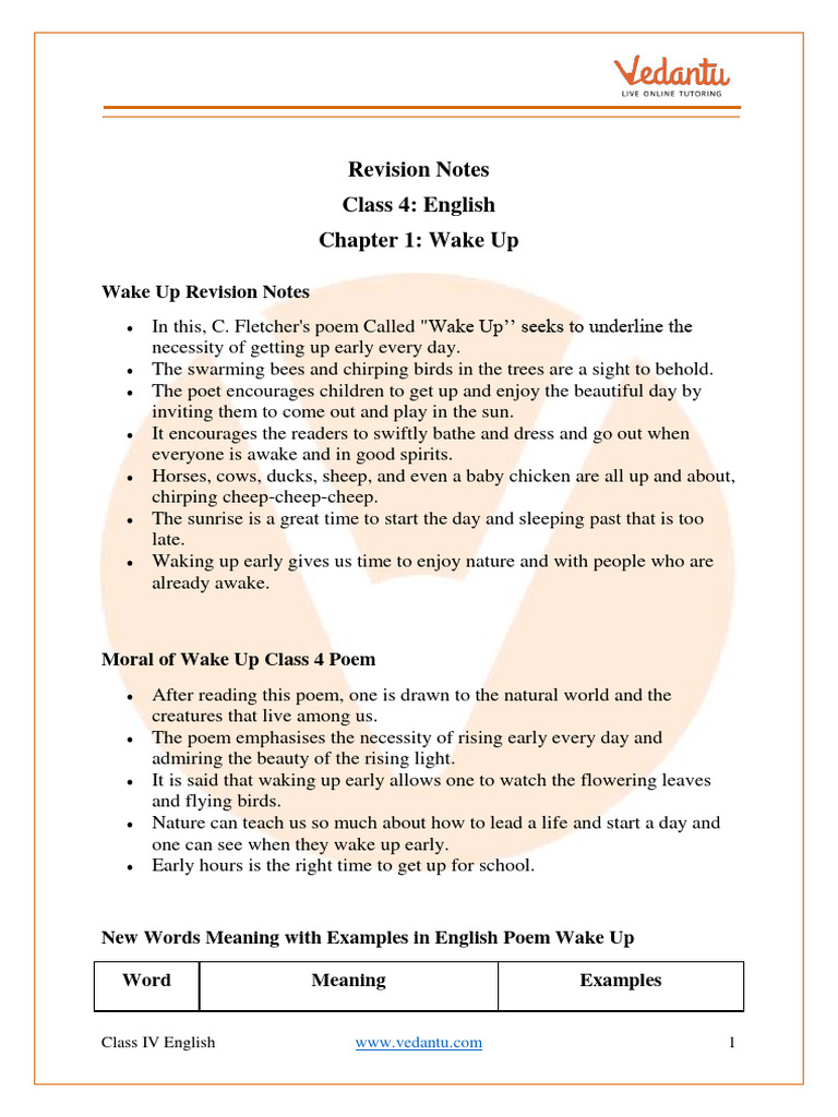 Wake Up Class 4 Notes CBSE English Poem Chapter 1 (PDF) | PDF